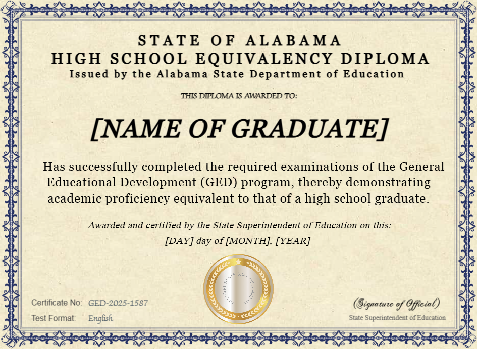 Alabama High School Equivalency Certificate | Customizable High School ...