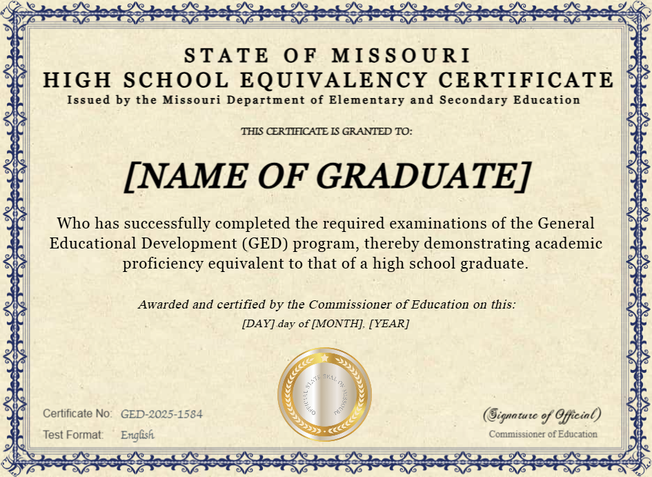 Missouri High School Equivalency Certificate | Customizable High School ...