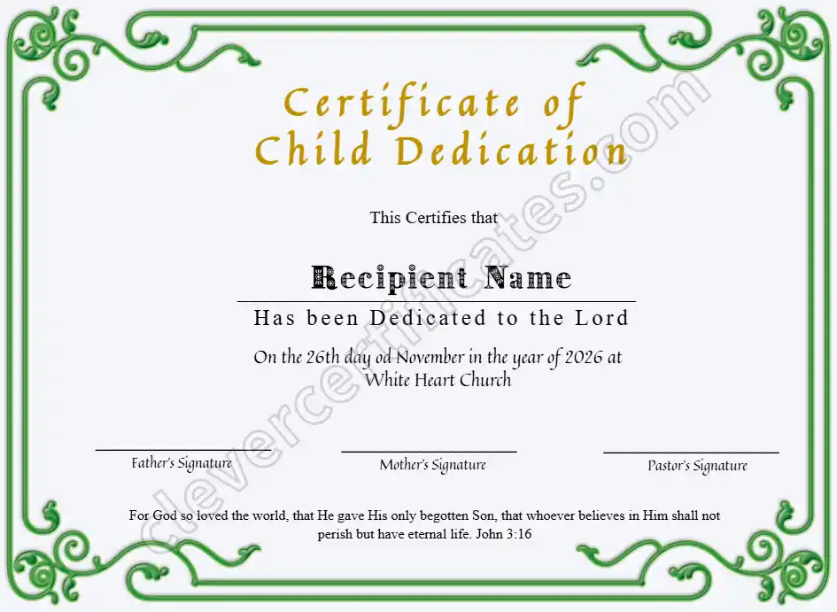 Child Dedication Recognition Certificate